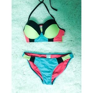 Swim | Halter Neck Neon Color Block Bikini | Poshmark